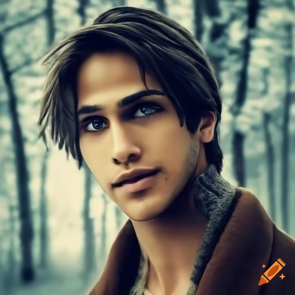 Portrait of a handsome biracial man with blue eyes and long black hair on Craiyon