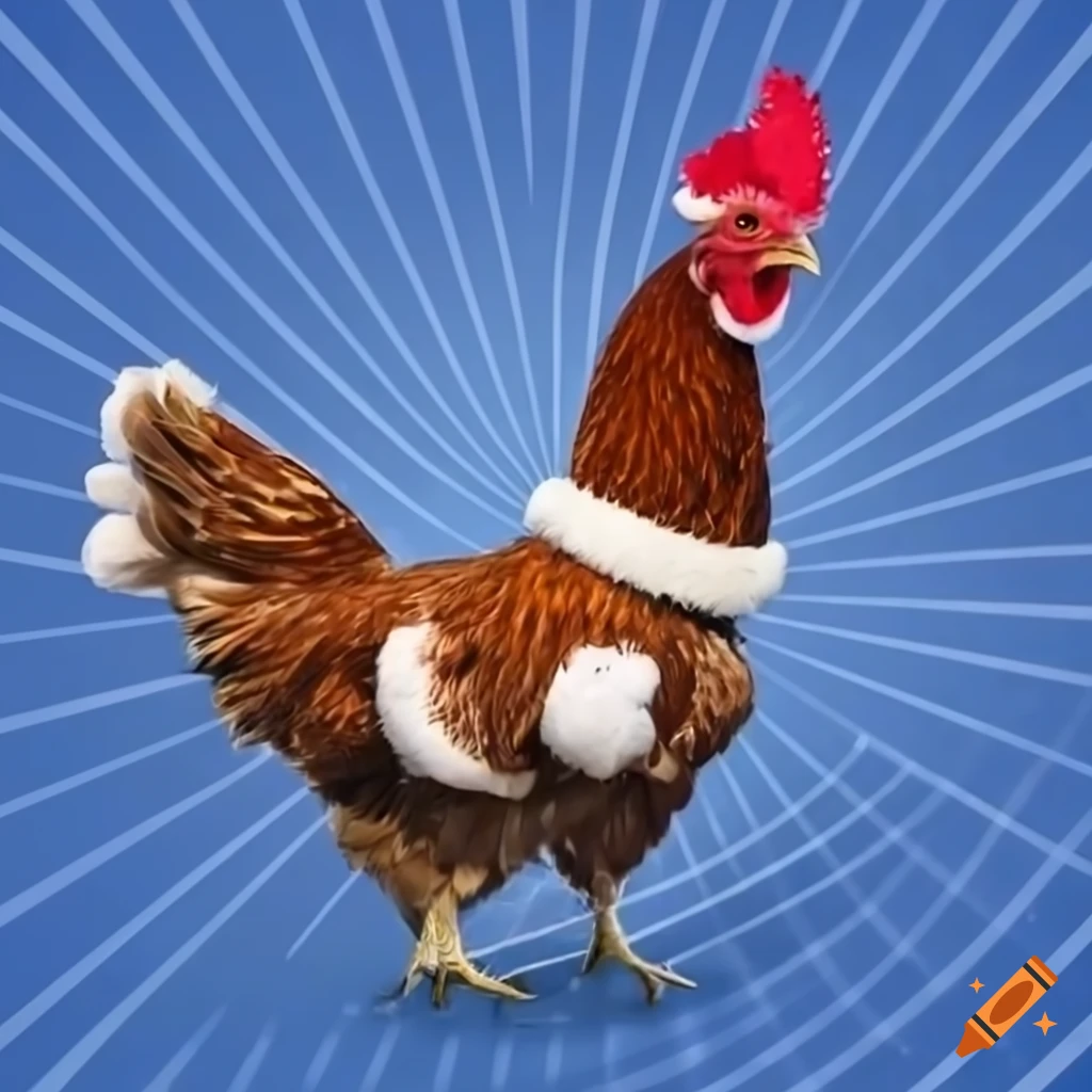 Chicken wearing santa suit on blue starburst background