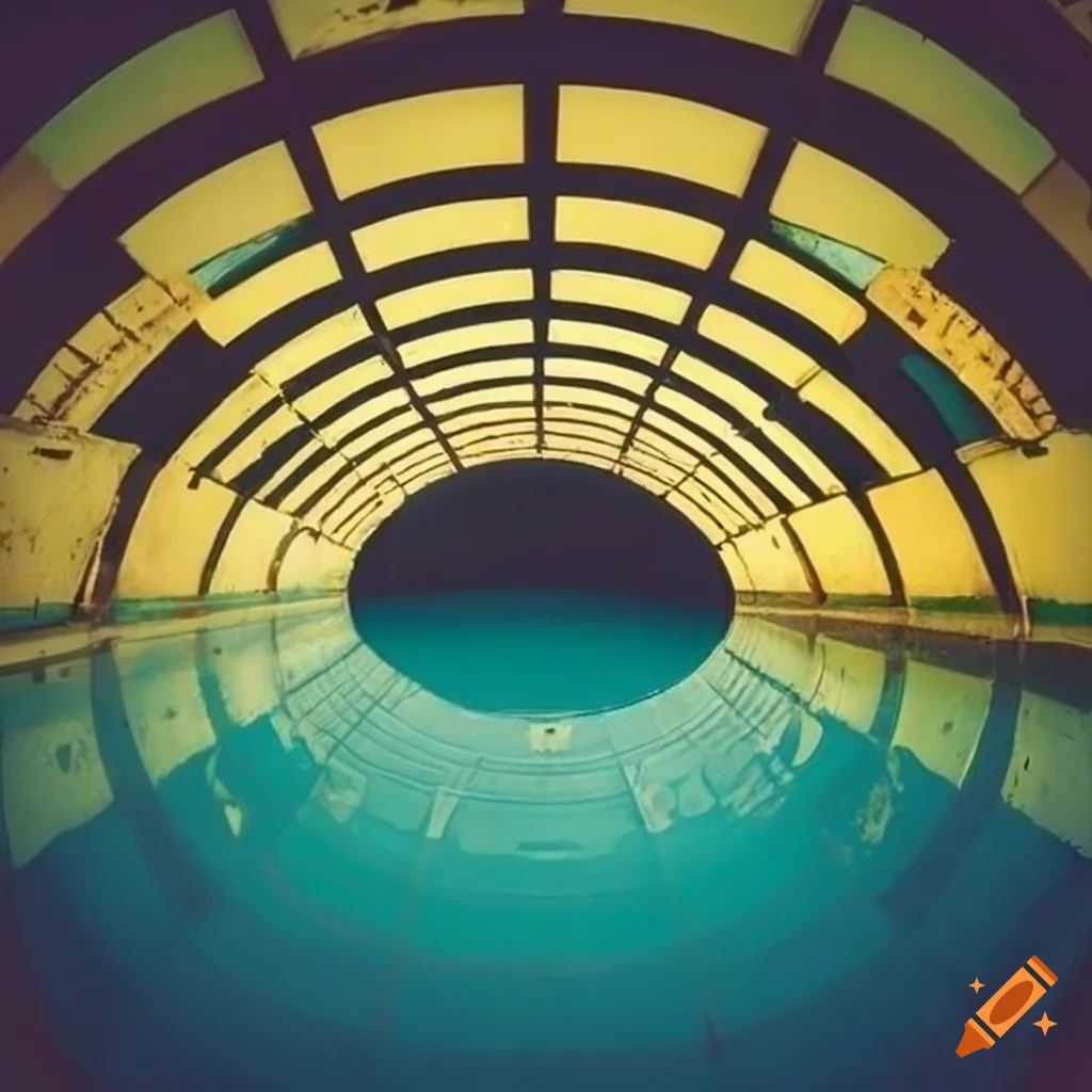 Yellow tiled archway leading to a dark swimming pool on Craiyon