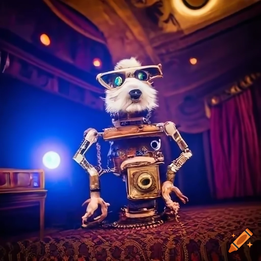 Steampunk dj robot in a vaudeville theater with a dog on Craiyon