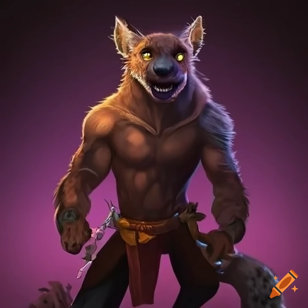 Illustration of a muscled Gnoll hyena monk on Craiyon