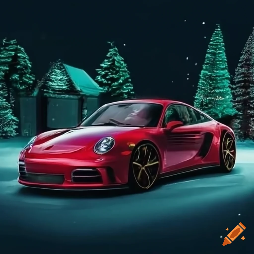 Porsche car with a christmas tree on the roof on Craiyon