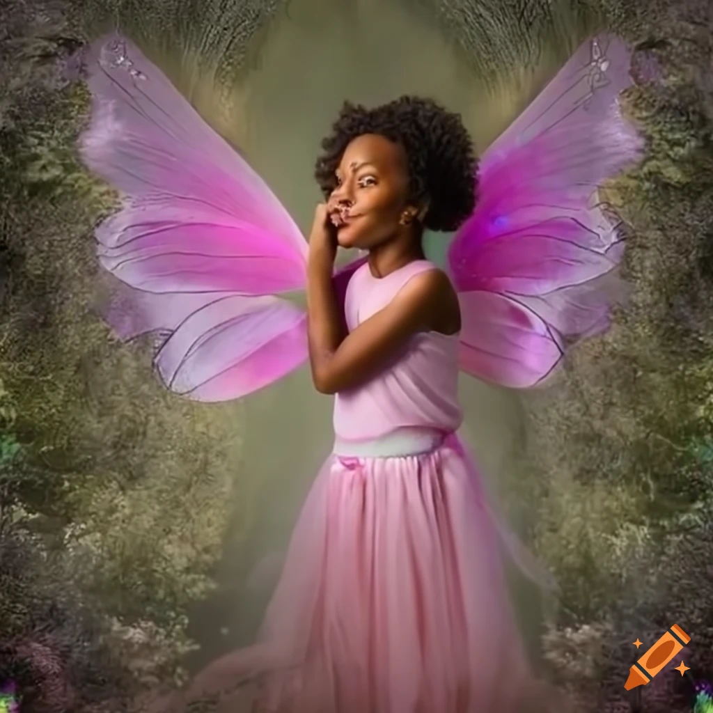 African american fairy with pink wings in enchanted forest