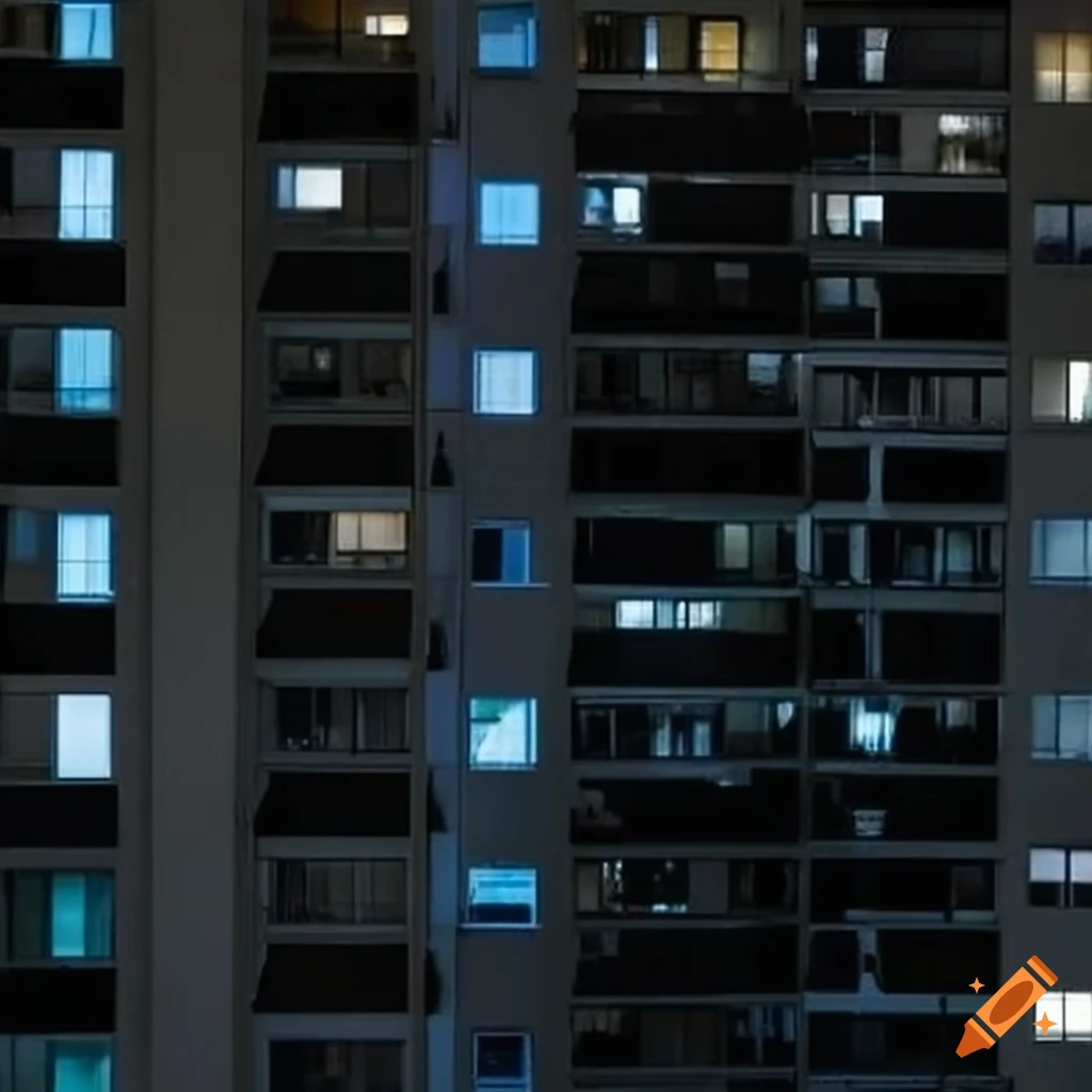 City apartment block at night with lighted windows on Craiyon