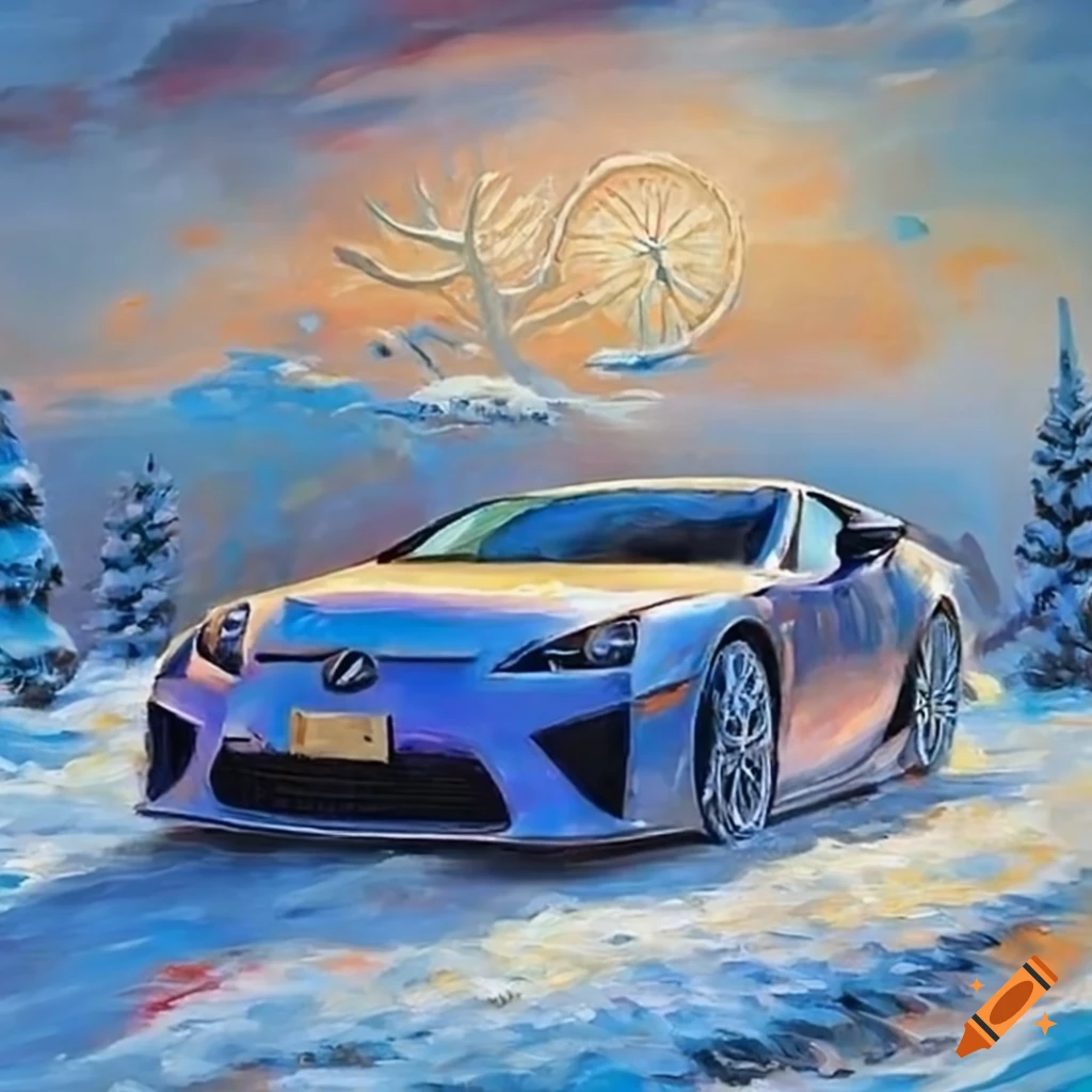 Monet painting of a Lexus LFA car being pulled by reindeer in the snowy ...