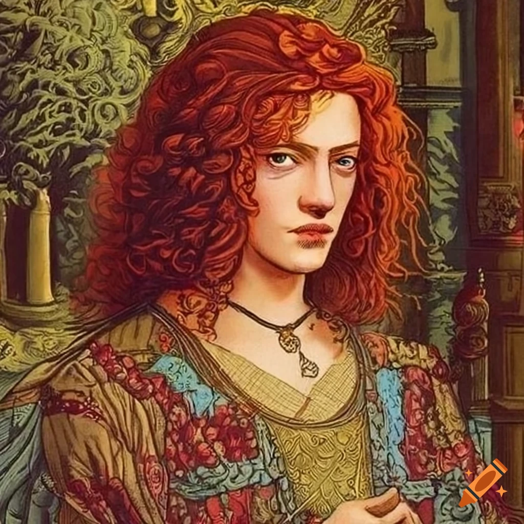 Illustration of prince ivan with red hair and deep brown eyes on Craiyon