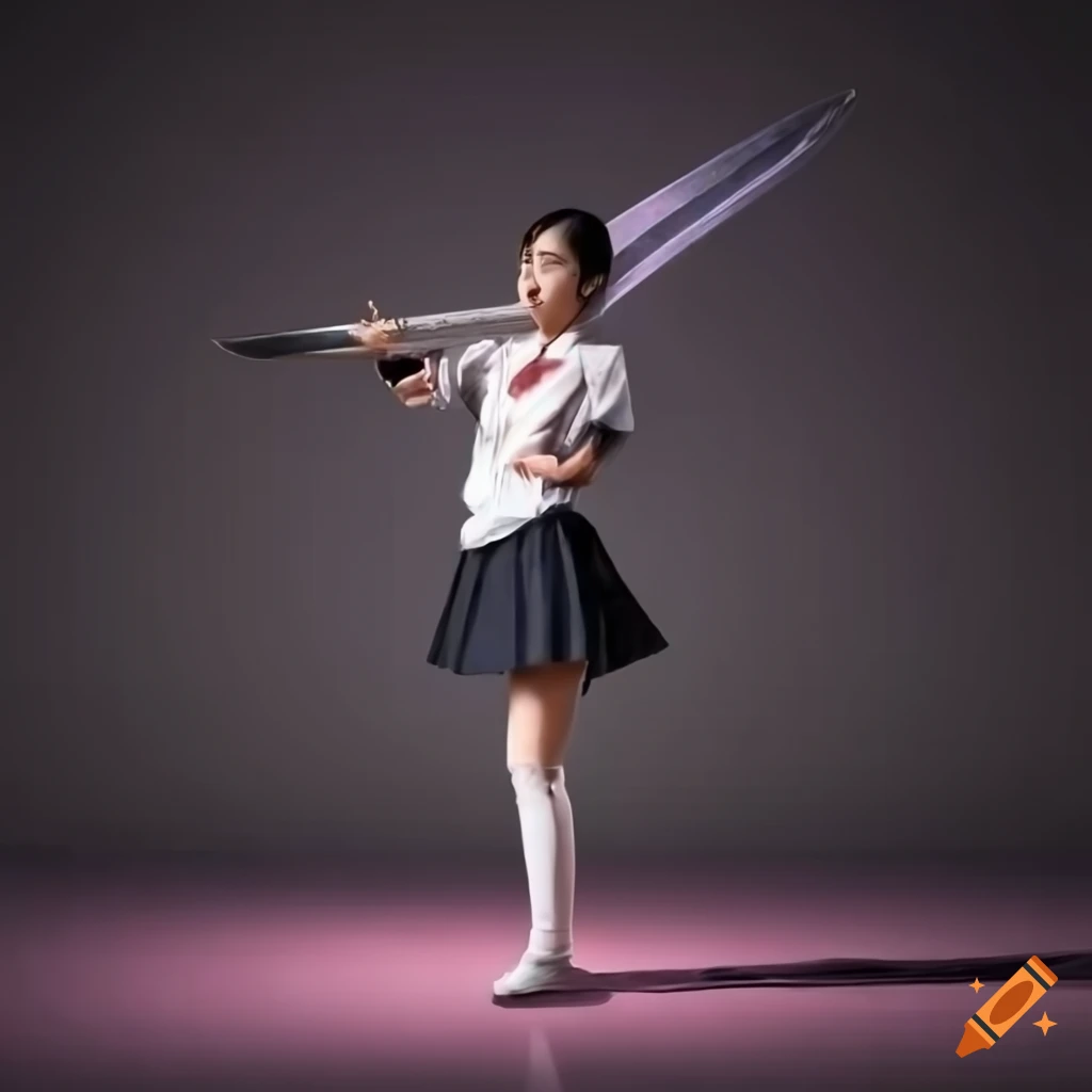 Dynamic pose of a japanese high school girl with a sword