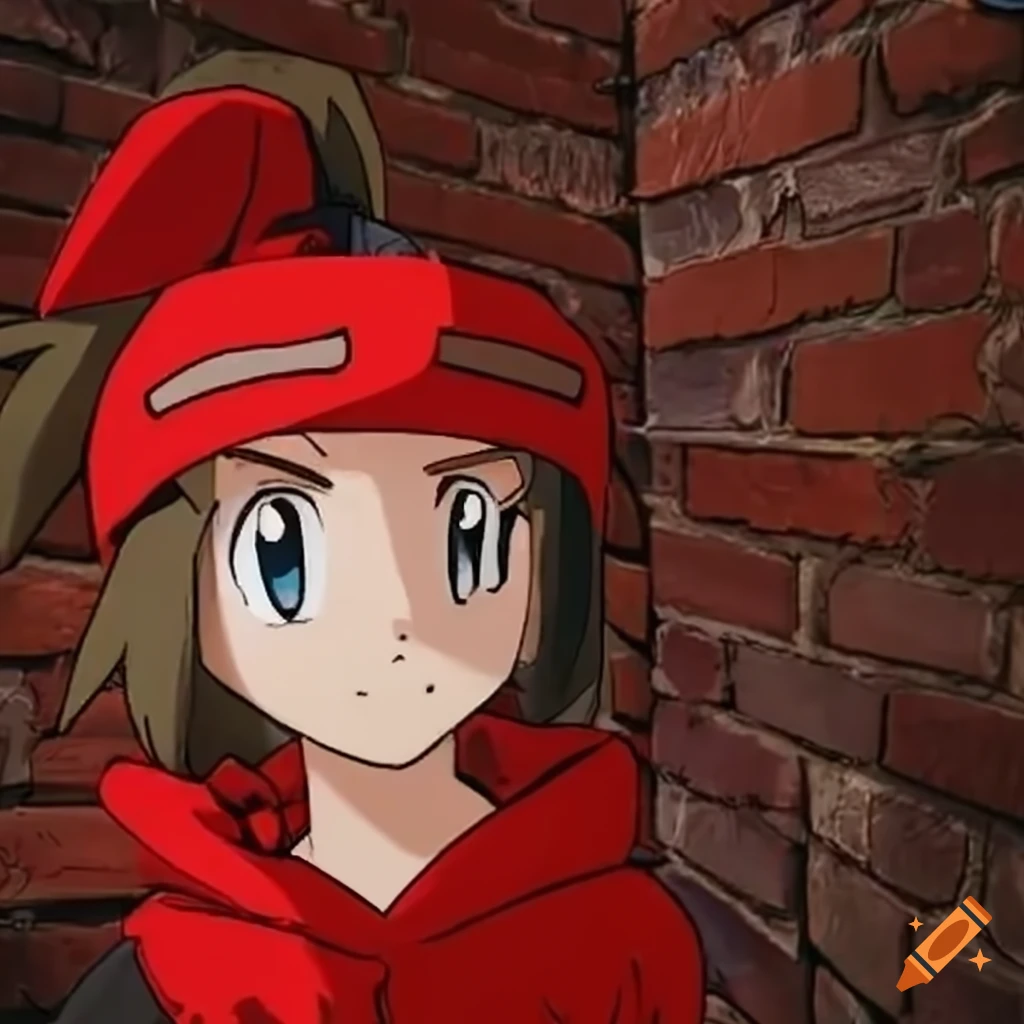 May from pokemon with red hoodie and bandaged hand on Craiyon
