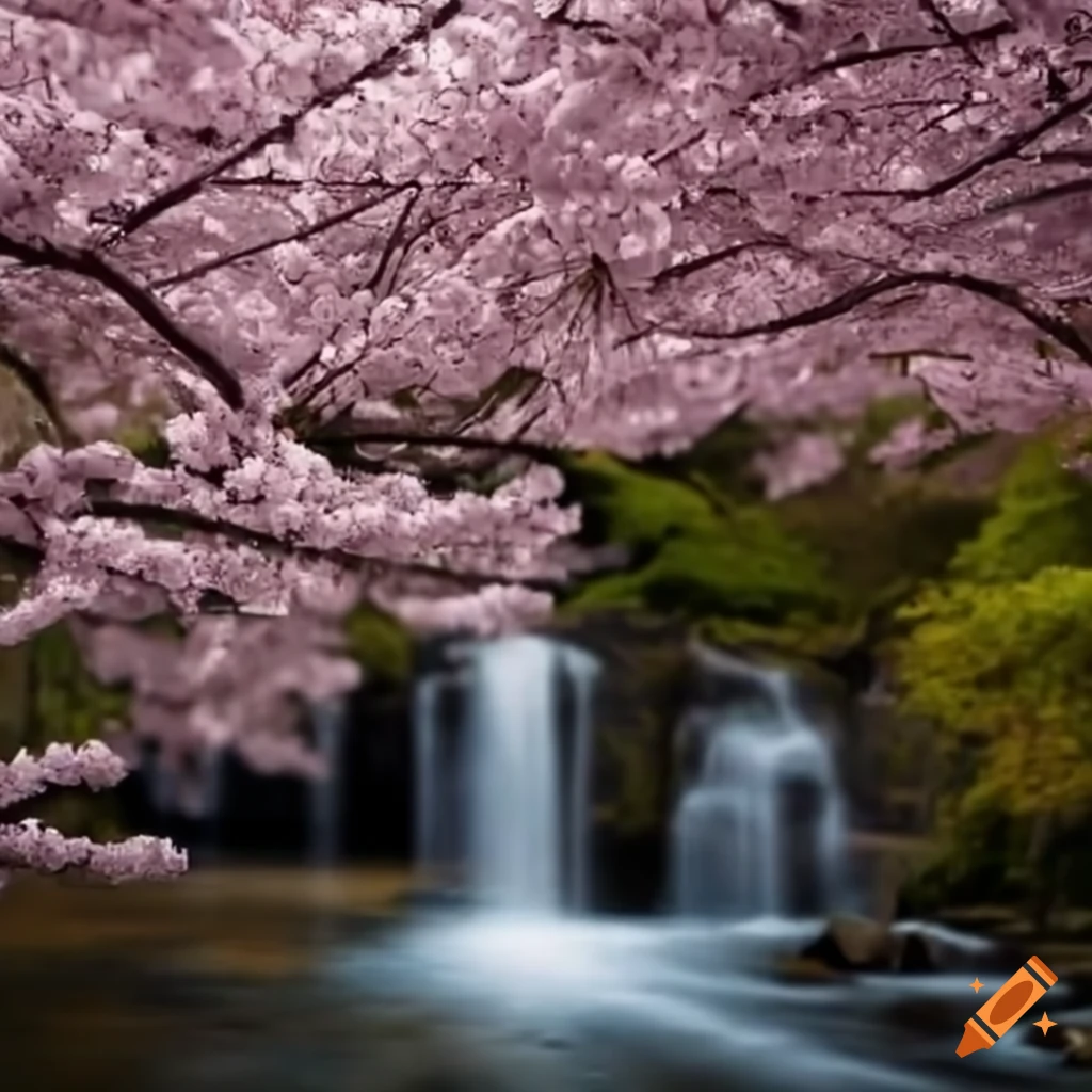 Wide waterfall with cherry blossom trees under daytime sky on Craiyon