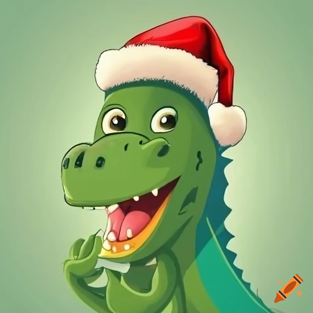 Happy cartoon dinosaur with santa hat on Craiyon