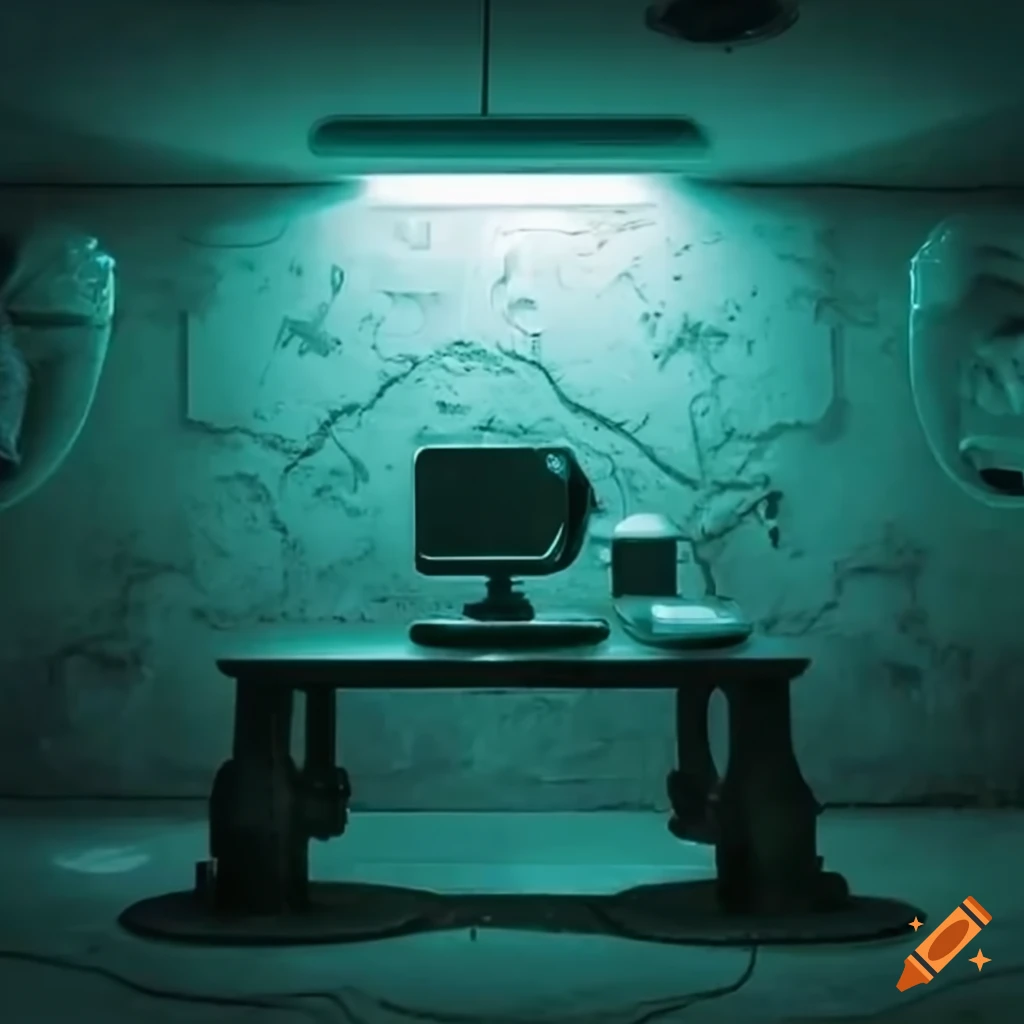 Creepy basement with a desk and phone