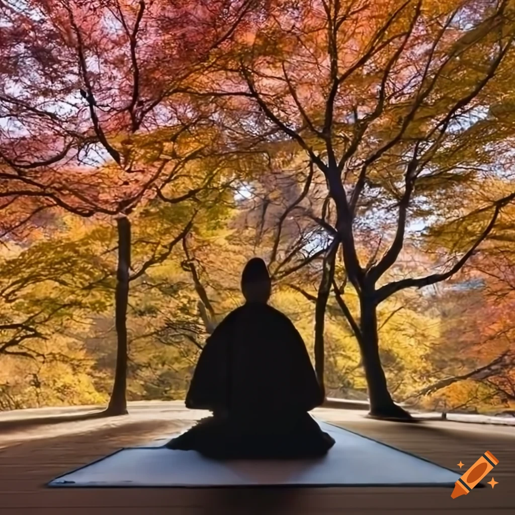 Silhouette of a japanese monk in front of autumn maple trees on Craiyon