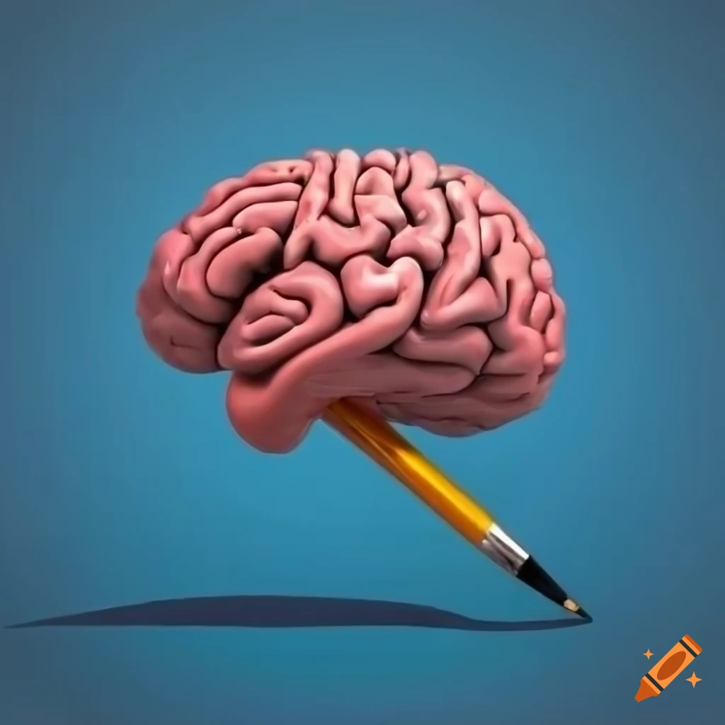 Blue background with brain and crossed paintbrush and pencil