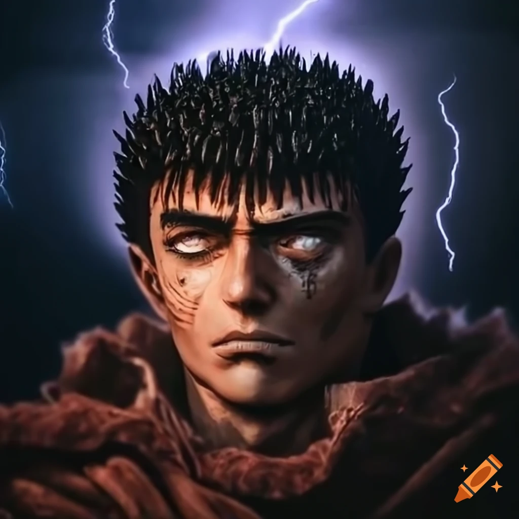 Artwork of guts from berserk standing in front of lightning on Craiyon