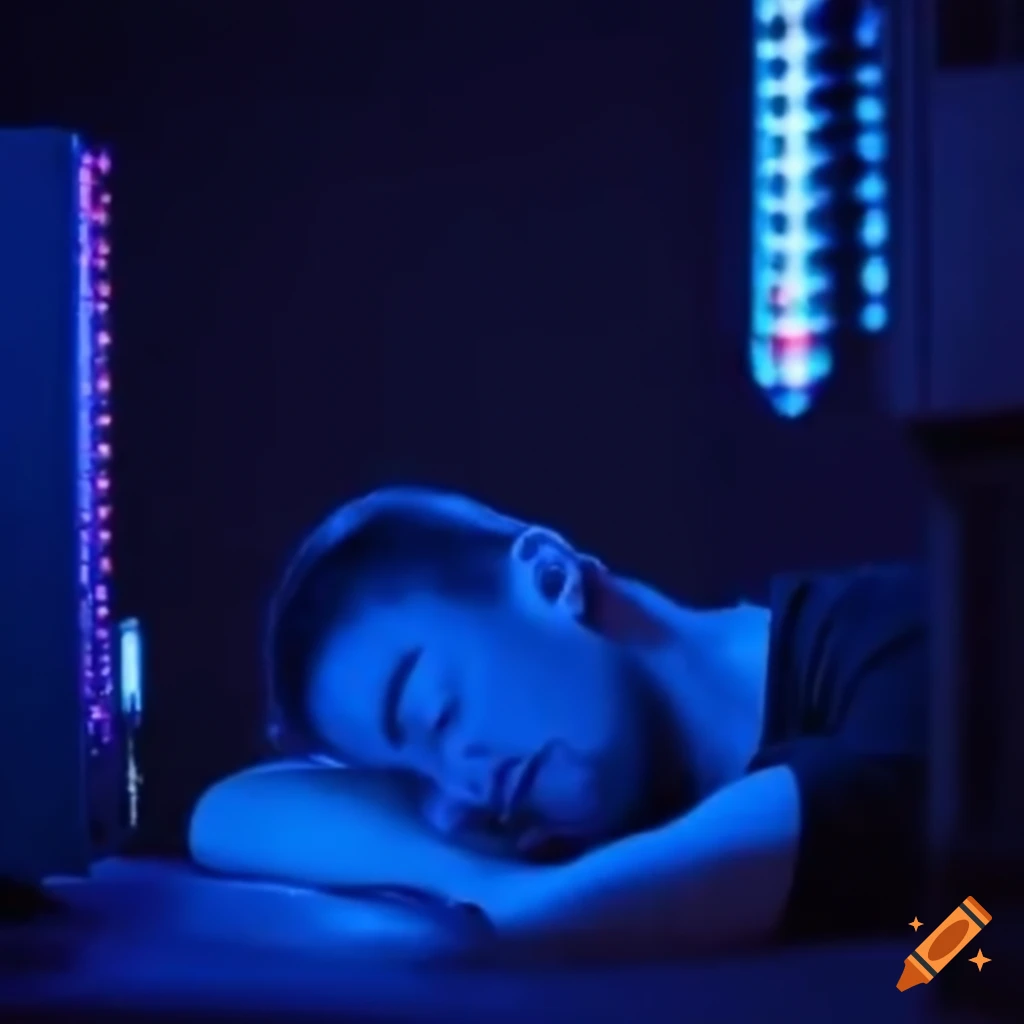 Man sleeping at computer in a dimly lit room