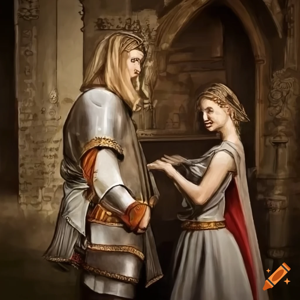 Illustration of a medieval hero and his sister in a manor on Craiyon
