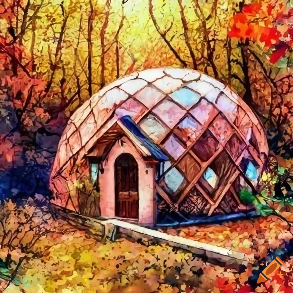 Charming mini dome home surrounded by autumn foliage on Craiyon