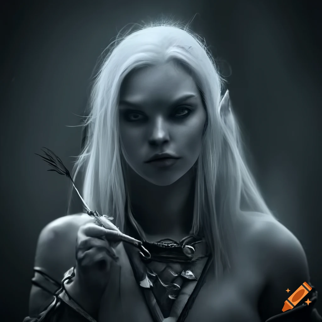 Monochrome portrait of a snow-haired shadow elf