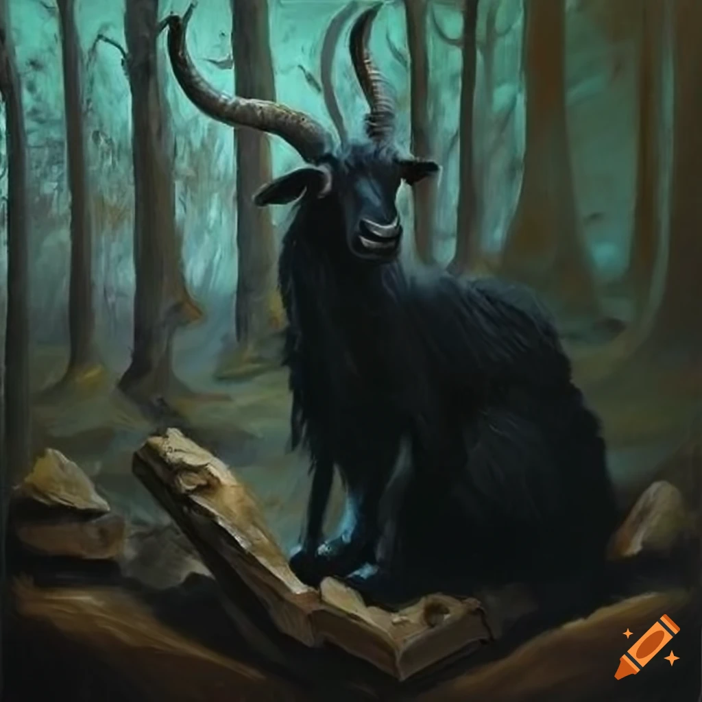 Mysterious goat figure in a dark, moonlit forest painting on Craiyon