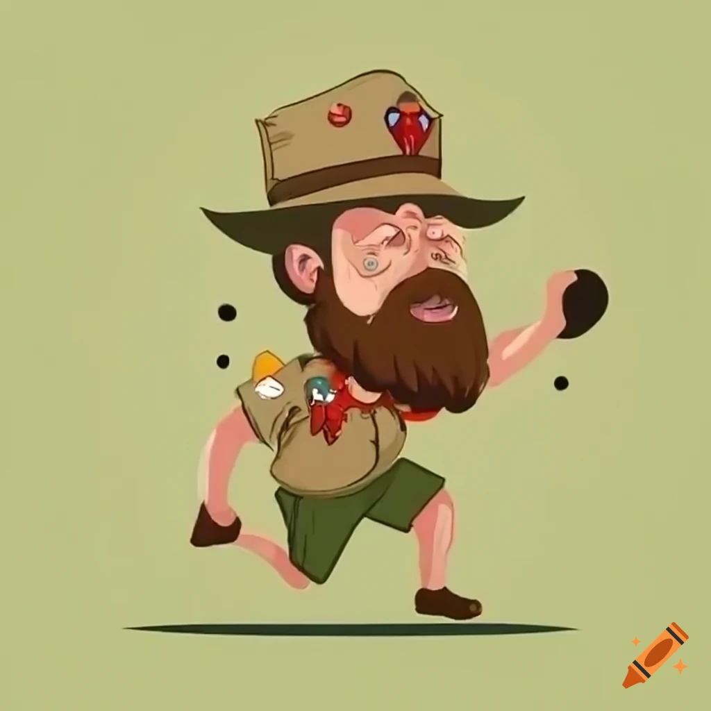 Humorous illustration of a bearded scout chief running a race on Craiyon