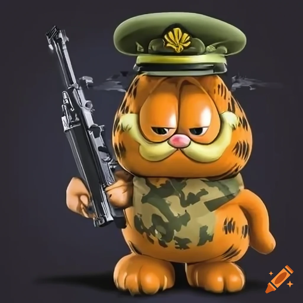 Garfield in army uniform holding a rifle on Craiyon