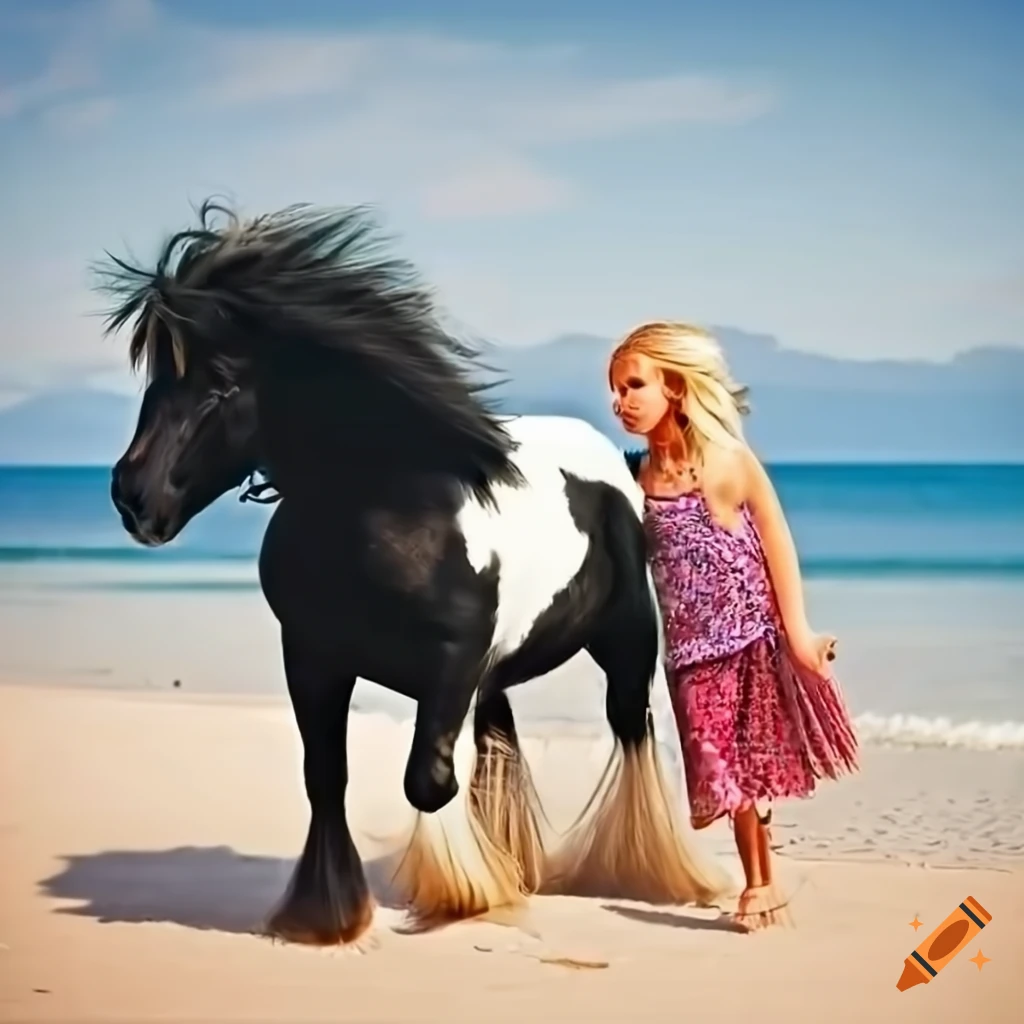 Blond girl with gypsy vanner horse at the beach
