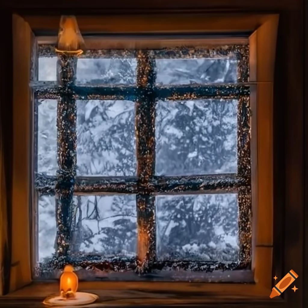 Snowing landscape seen through a decorated window