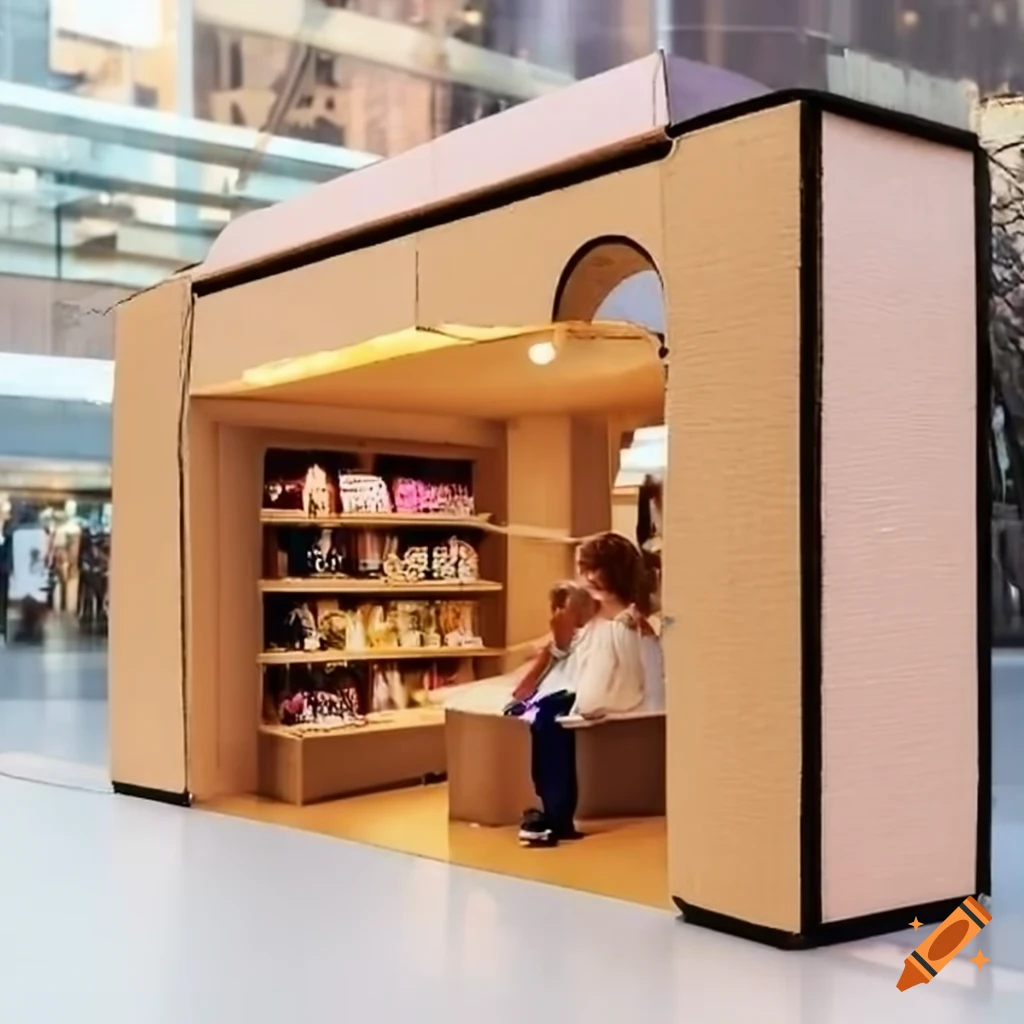 Cardboard kiosk in an indoor mall on Craiyon