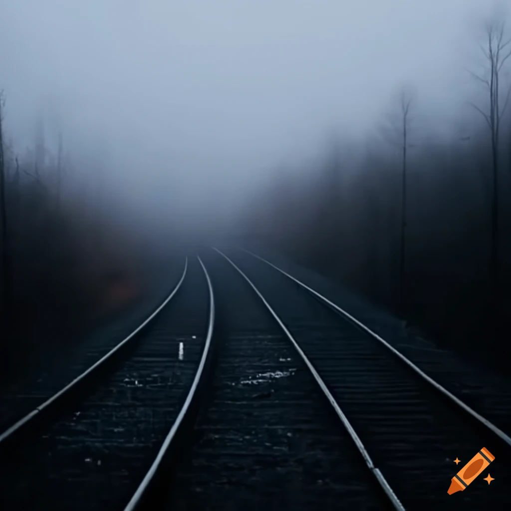 Desolate train tracks disappearing into the foggy darkness on Craiyon