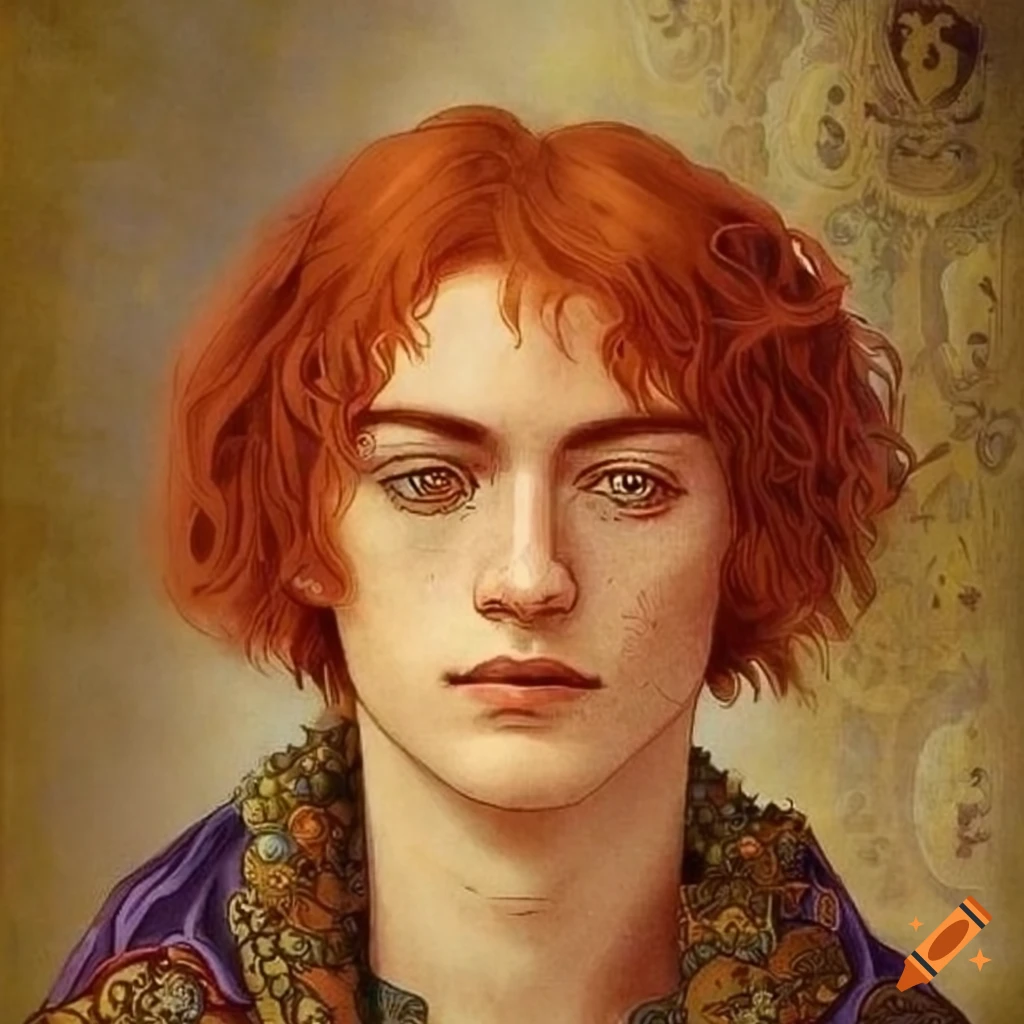 Illustration of a prince with red hair and deep brown eyes on Craiyon