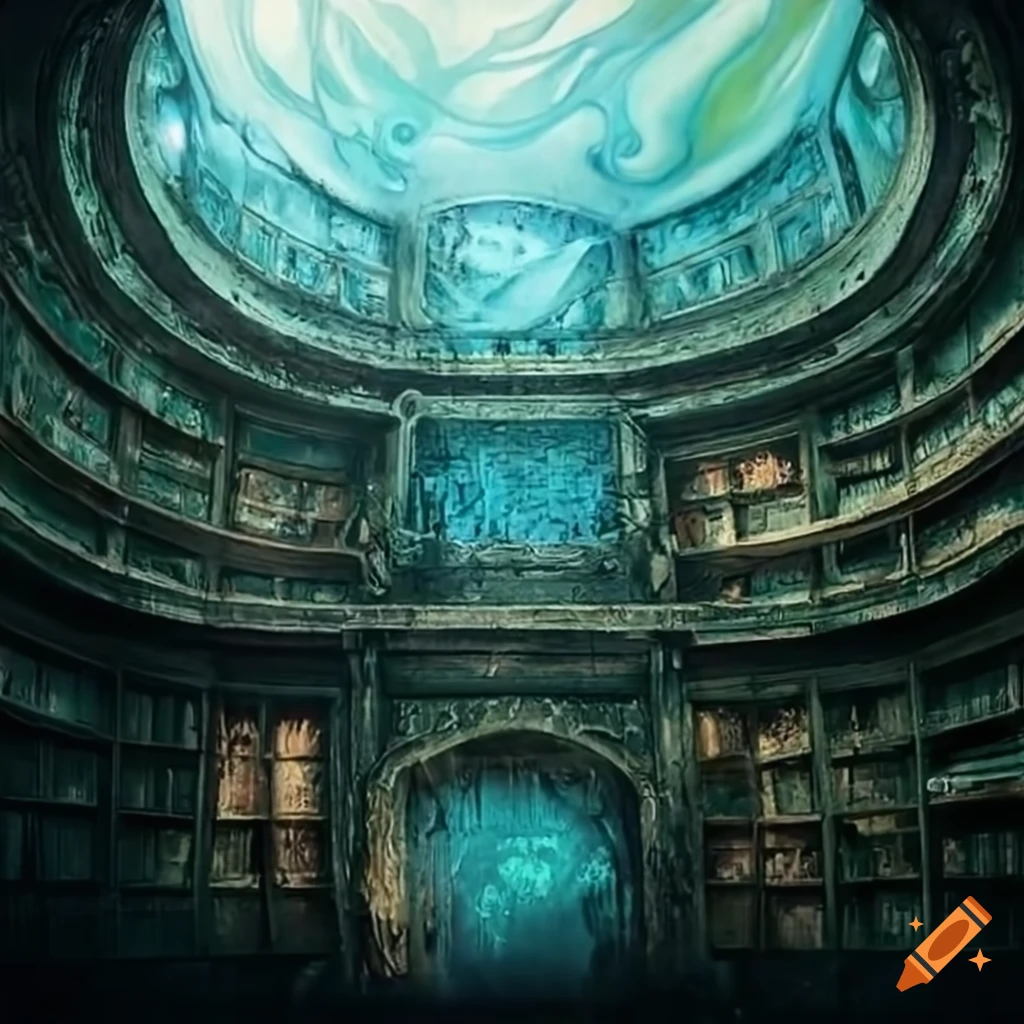 Image of an eerie abandoned library with water inside