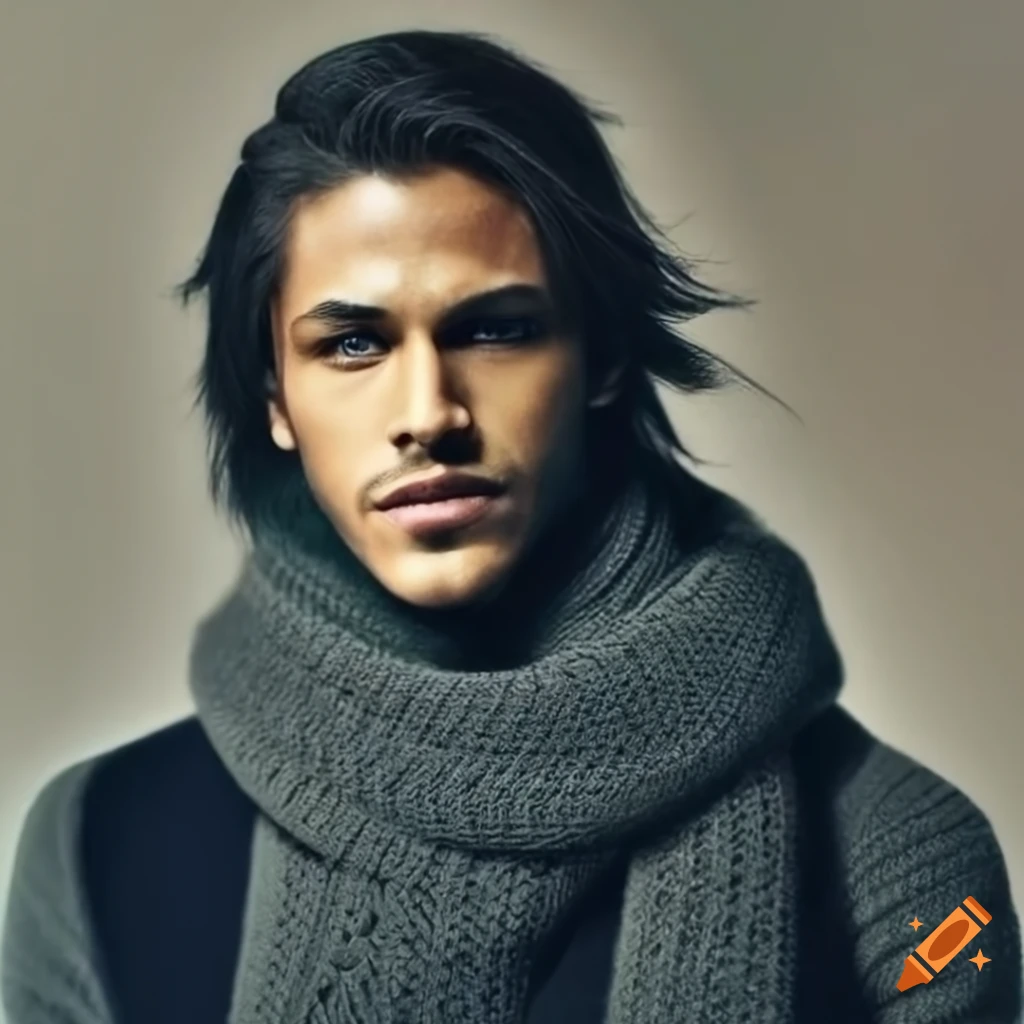 Attractive biracial man with blue eyes and long black hair on Craiyon