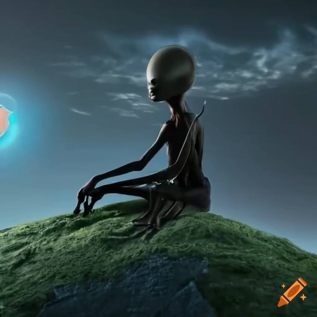 Image of an alien sitting on a hill and enjoying music on Craiyon