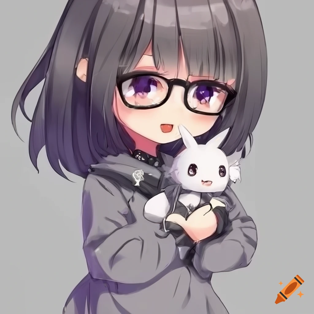 Chibi anime girl with glasses holding two bunnies on Craiyon