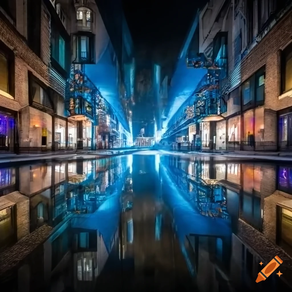 Surreal artwork depicting a deep street in the fifth dimension