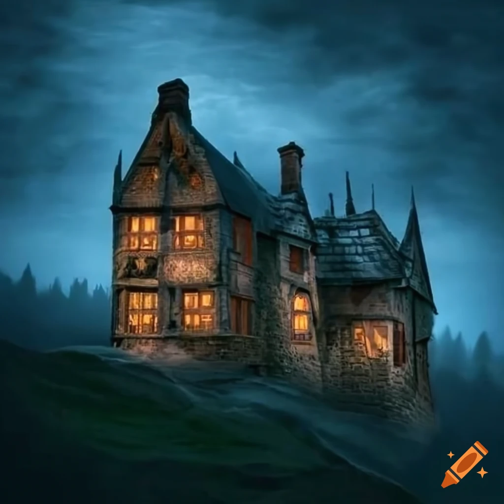 Haunted medieval manor house on a hill at night on Craiyon