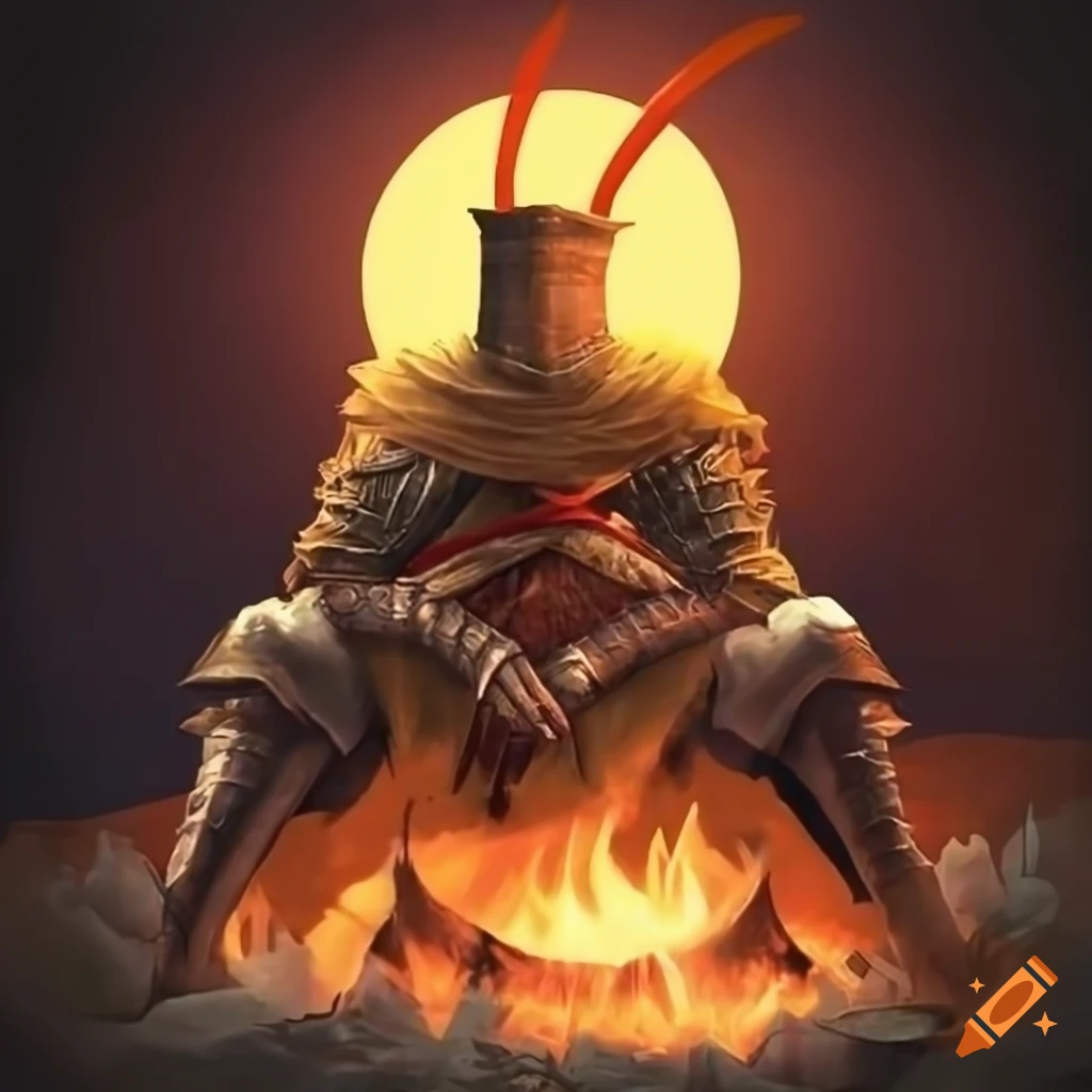Solaire of Astora sitting at a bonfire in dark fantasy style on Craiyon
