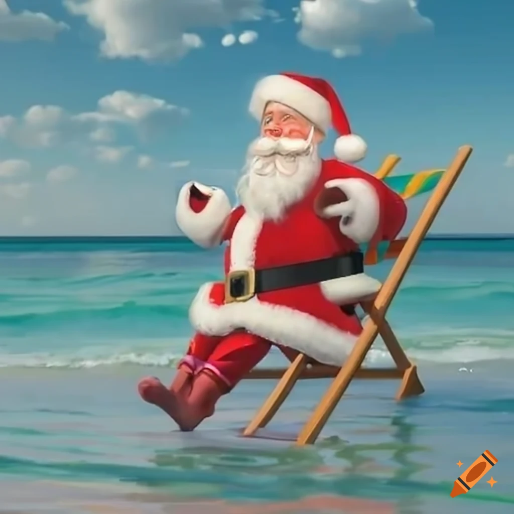 Illustration of Santa Claus relaxing on a deck chair on Craiyon