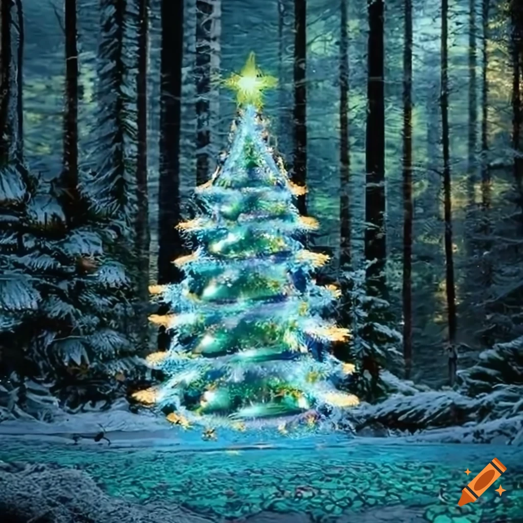 Realistic christmas tree in a snowy forest on Craiyon
