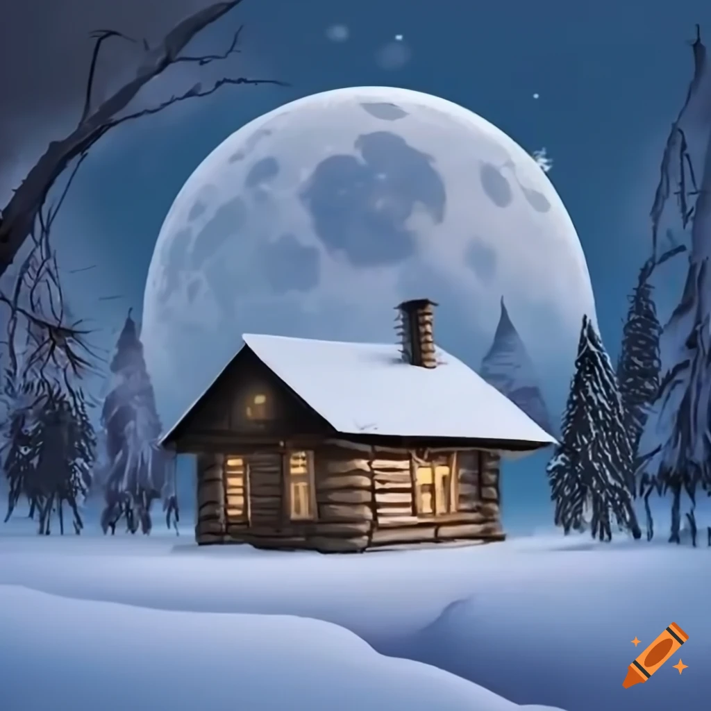 Animated snowy cabin in a foggy night