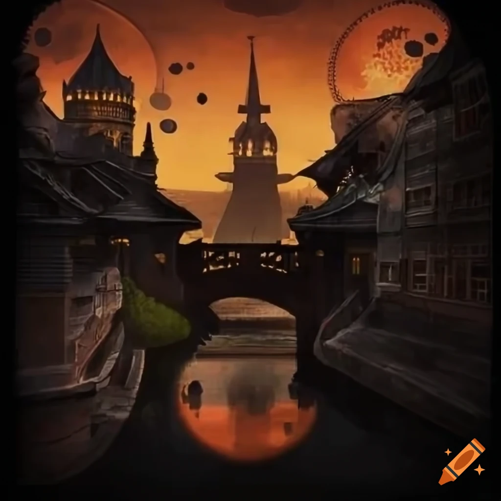 Steampunk clockwork tower in a river at night on Craiyon