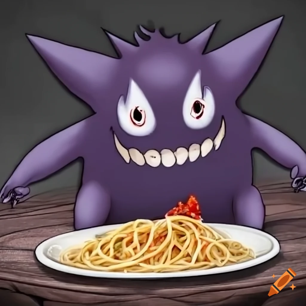 Fan art of Gengar eating spaghetti on Craiyon