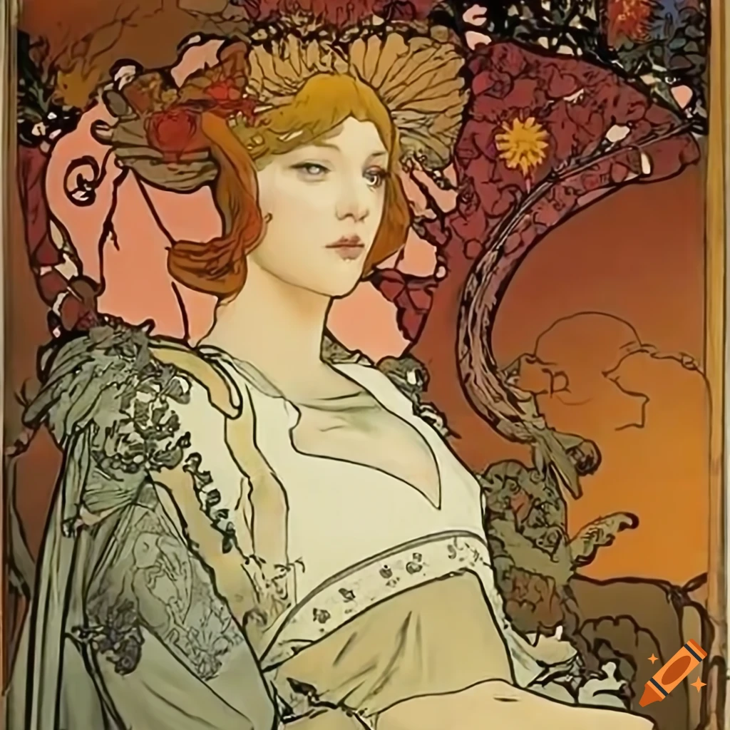 Illustration of full-length women by moebius inspired by alphonse mucha
