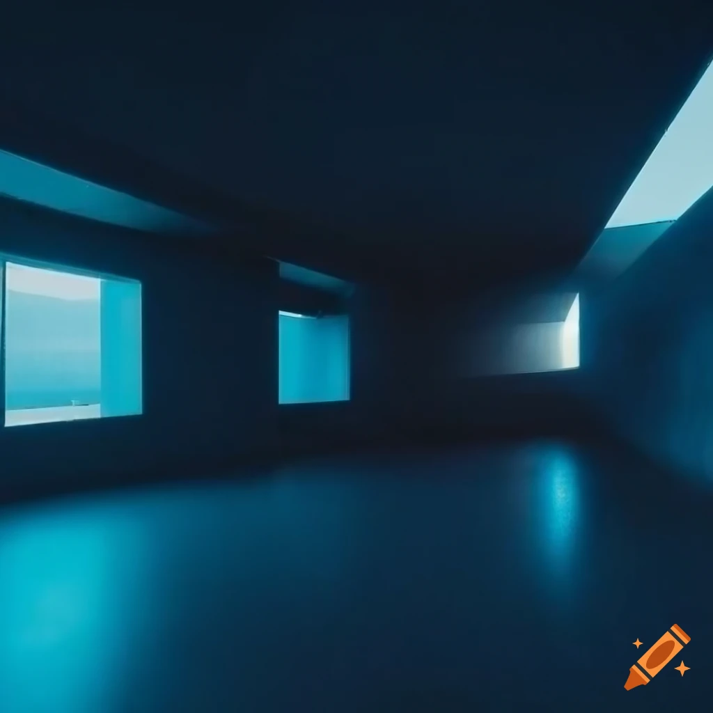 Dreamy concrete hall with large windows at sunset