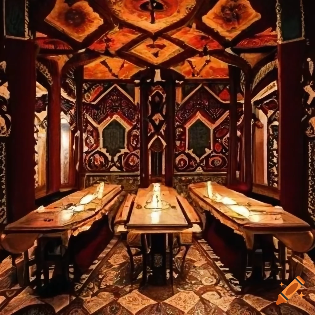 Moroccan restaurant with beautifully crafted wooden tables on Craiyon