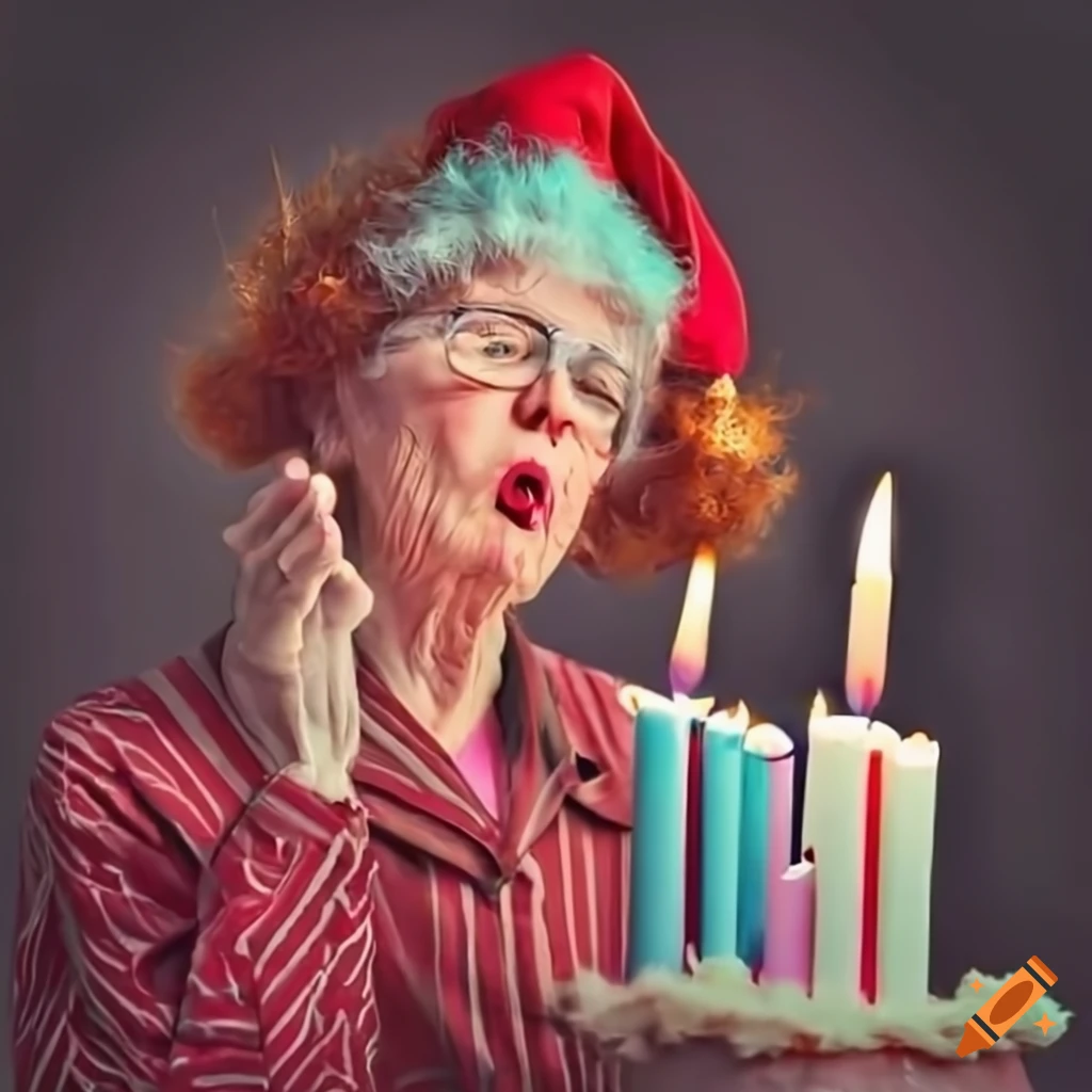 Eccentric Old Female Scientist Blowing Out Birthday Candles