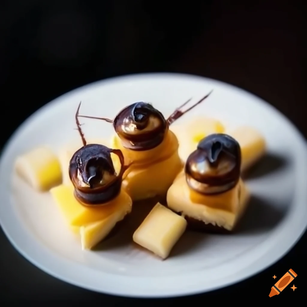 Appetizer of cheese petit-fours with toothpick and cockroaches on Craiyon