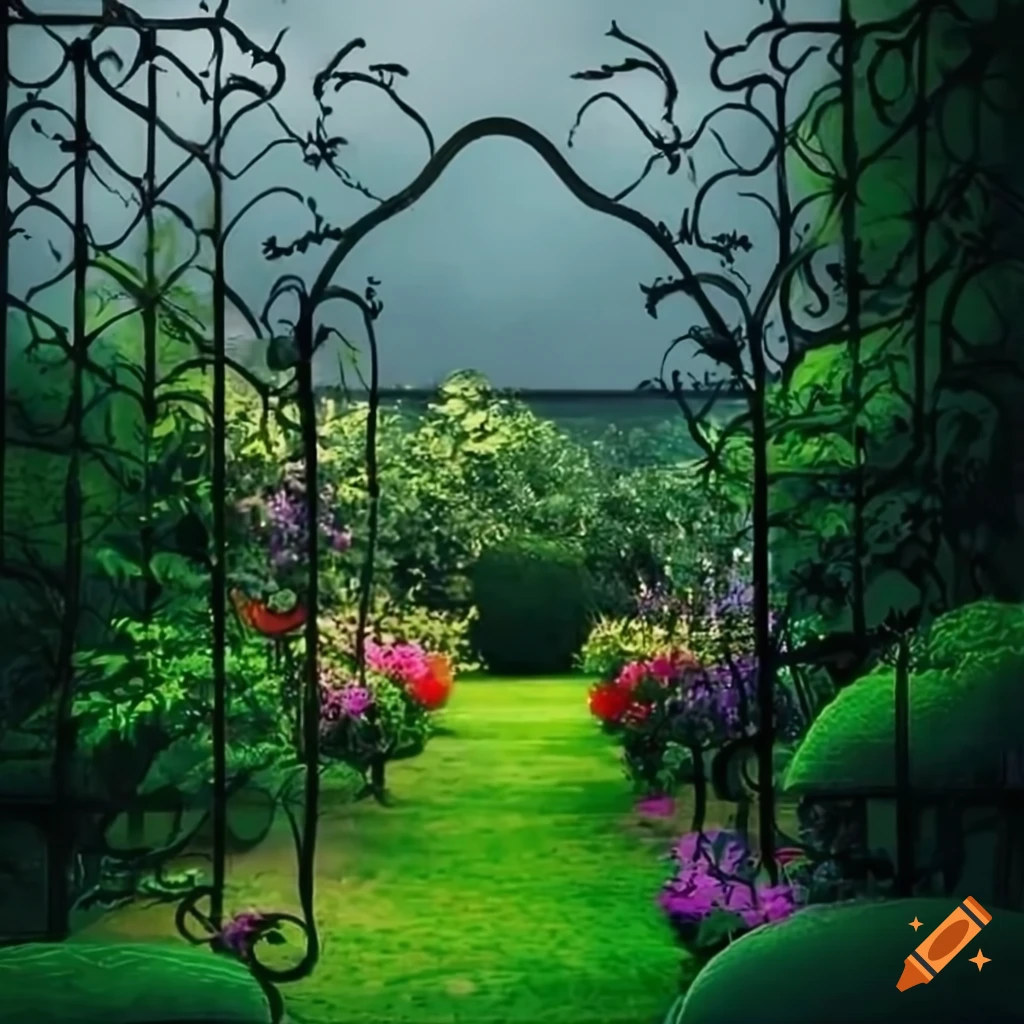Garden with ornate trellis and stormy backdrop