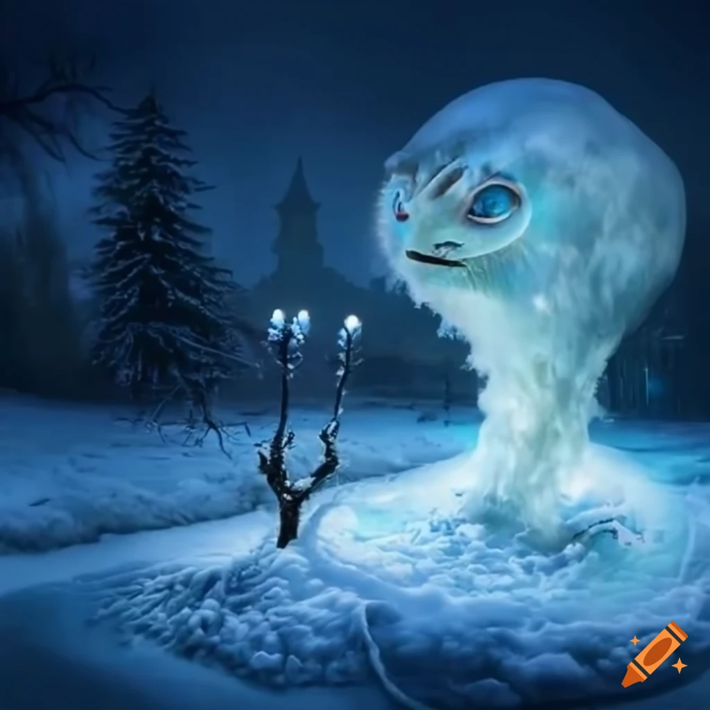 Fantastic snowy scene with sparks and surreal creatures on Craiyon