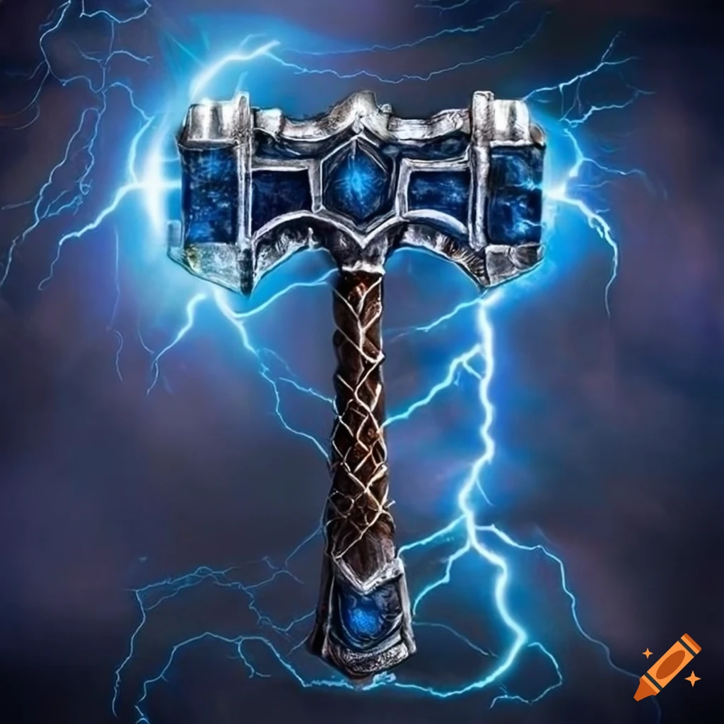 Divine war hammer in silver metal with blue lightning on an electric background on Craiyon